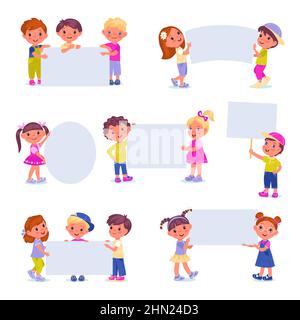 Children holding placards. Kids hold white sheet or banner, protesting ...