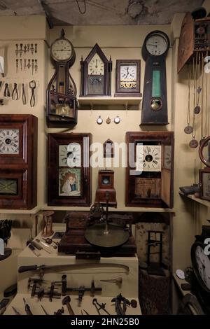Antique clocks and clock making tools display in Mercer Museum ...