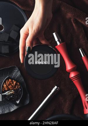 Parts of the hookah on blue wooden background. Hookah accessorie Stock ...