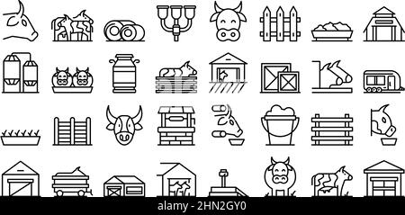 Breeding cows icons set outline vector. Dairy milk. Eat farm neon color ...
