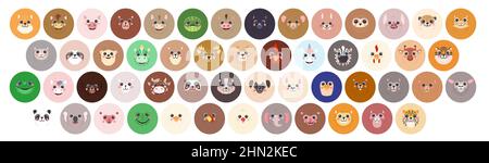 Round Animals Set Cute portraits with names cartoon illustration flat ...