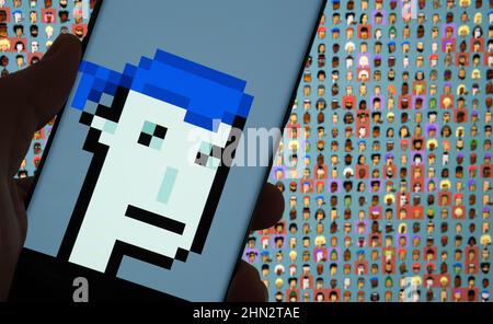 NFT Cryptopunk 5822 form Larva Labs seen on the screen of mobile device ...