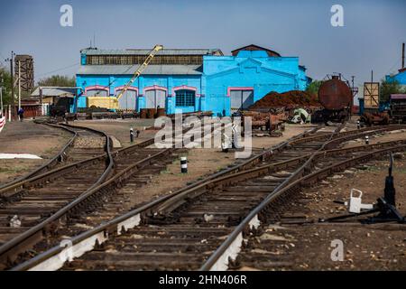 Vintage locomotive repair plant depot main building. Train gates and ...