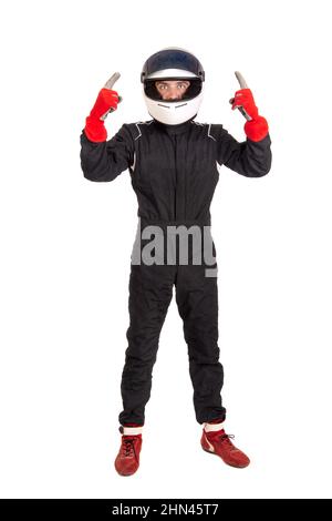 Racing drivers posing with helmet isolated in white Stock Photo - Alamy