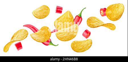 Collage with potato chips isolated on white background Stock Photo - Alamy
