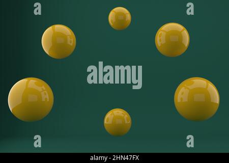 3d rendering of several sized reflected yellow spheres inside a blue ...