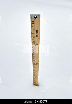 Yardstick measuring the depth of snow.A ruler with a scale placed in ...
