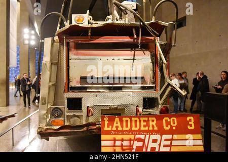 Totally destroyed firetruck belonging to the FDNY Ladder 3. The ...
