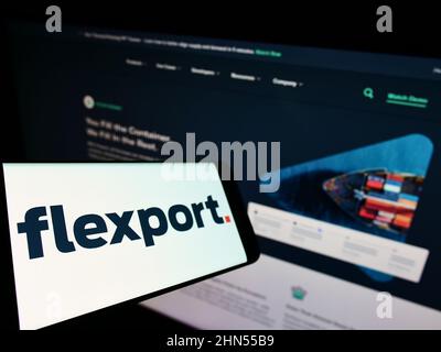 The logo of Flexport, an American supply chain, logistics, shipping company and freight ...