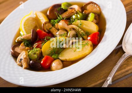 Pottage in country style of mushrooms with vegetables Stock Photo - Alamy
