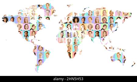 World map background with people portraits on it Stock Photo - Alamy