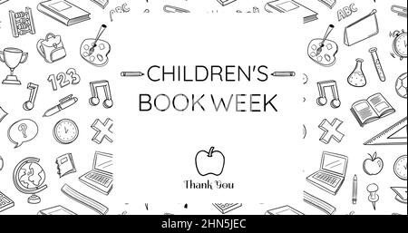 Image of world children's book week text over globe and school icons on ...