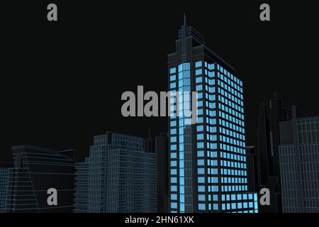 part of an abstract city with skyscrapers on a dark background. 3d ...