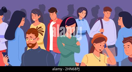 Depressive crowd. Social loneliness, sadness, and exhaustion. Depressed ...