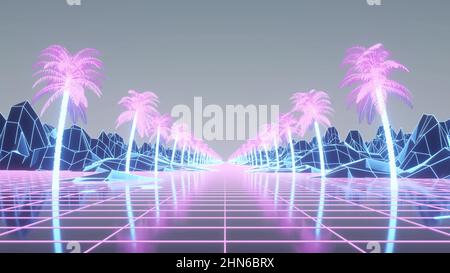 3D render synthwave wireframe net abstract background. Future retro line grid illustration ...