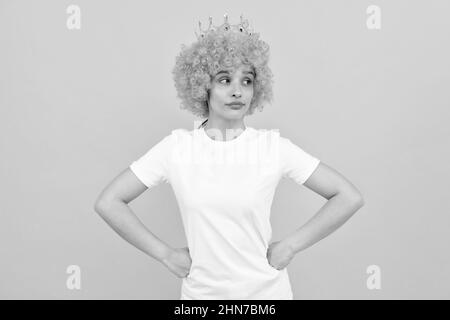 happy freaky woman in curly clown wig for party, fun. Woman isolated ...