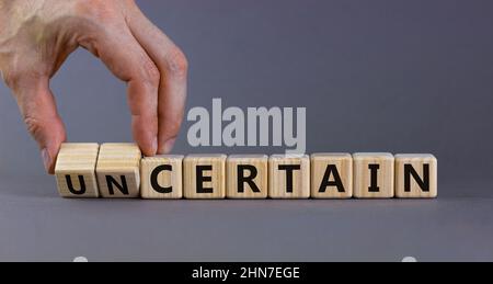 Certain or uncertain symbol. Businessman turns wooden cubes and changes ...
