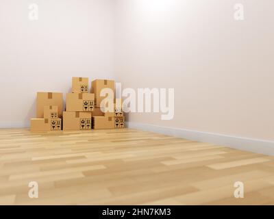 Stacked cardboard in the empty room, with sunlight come from the ...