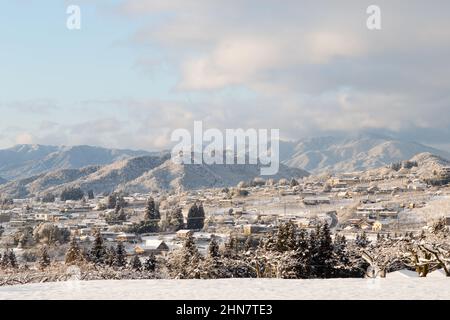 iida, nagano, japan, 2022/11/02 , Panoramic view of rural areas of iida ...