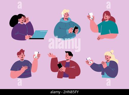 Teen Girl And Boy Messaging Vector. Communicate On Internet. Chatting ...