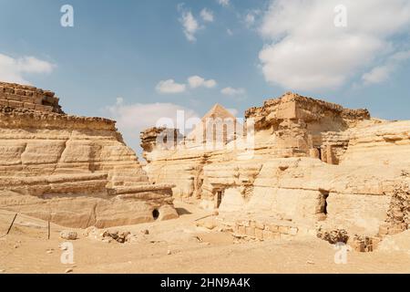 The Pyramid of Cheops and the temple entrance, Giza, Egypt Stock Photo ...