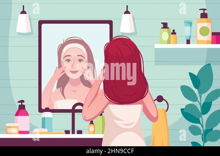 Skin care cartoon composition with young woman applying nourishing ...