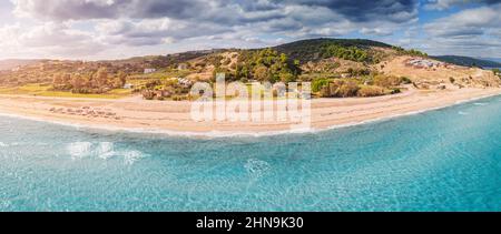 Visit majestic beaches in Greece. Aerial view of the idyllic seascape ...