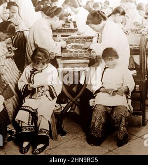Christian Mission children doing embroidery, China, early 1900s Stock ...