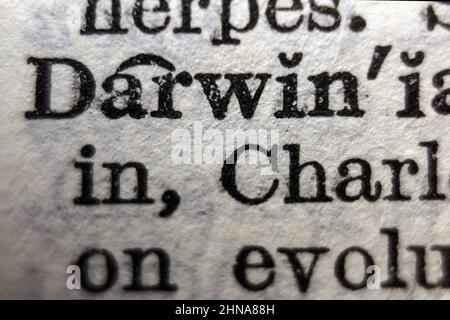 Word evolution printed on Charles Darwin dictionary page, macro close ...