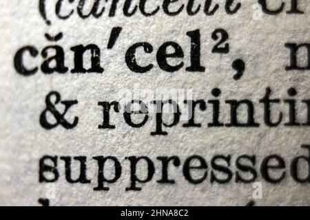 Definition of word cancel on dictionary page, close-up Stock Photo - Alamy