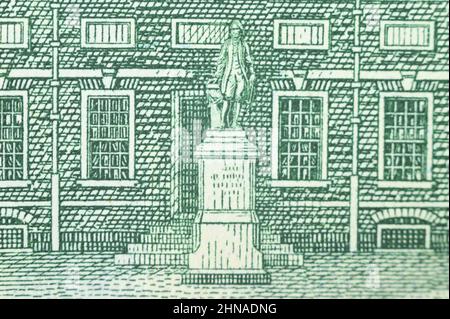 Independence Hall on 100 dollars banknote back side closeup macro ...