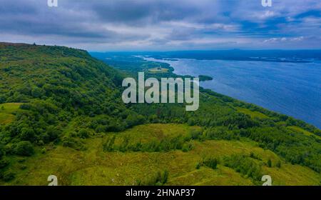 Aerial of Lower lough Erne below the Cliffs of Magho, County Fermanagh ...