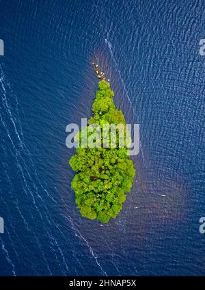 Aerial of Lower lough Erne below the Cliffs of Magho, County Fermanagh ...