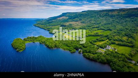 Aerial of Lower lough Erne below the Cliffs of Magho, County Fermanagh ...