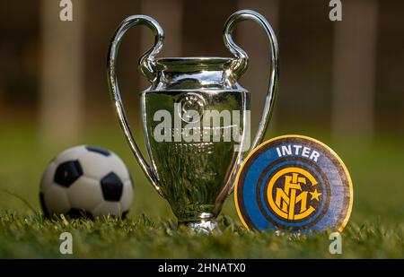 August 27, 2021 Milan, Italy. The emblems of football clubs Inter Milan ...