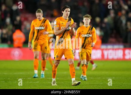 Alfie Jones of Hull City applauds the fans after the Sky Bet ...