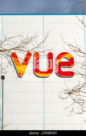 sign and logo of the Vue chain of cinemas or movie theaters in the UK ...