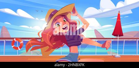 Girl on cruise ship deck cartoon vector scene. Boat bow embankment with ...