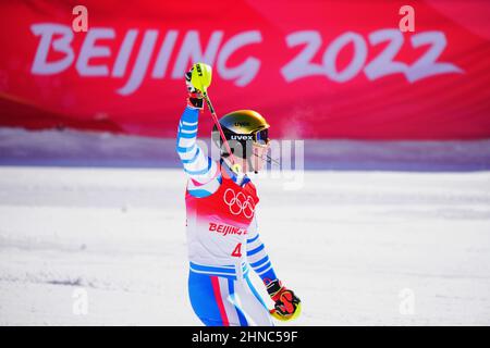 France's Clement Noel celebrates after placing second in an alpine ski ...