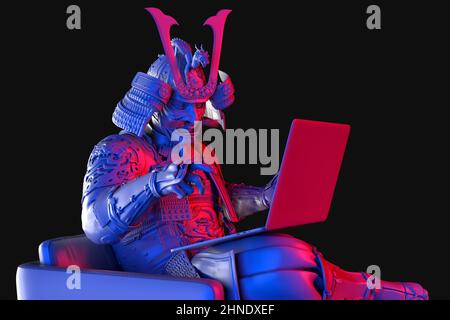 Japanese Samurai in full armor uses a laptop PC. 3D Rendering Stock ...