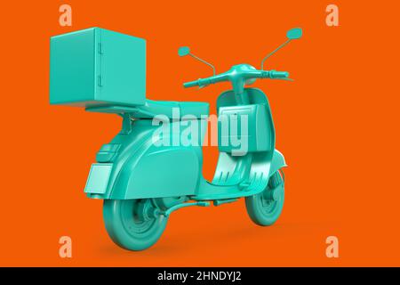 Teal motor scooter with delivery bag on orange background. 3D Rendering ...