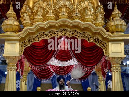 A close-up of a Sikh Granthi, waving the Chaur sahib, which is used to ...
