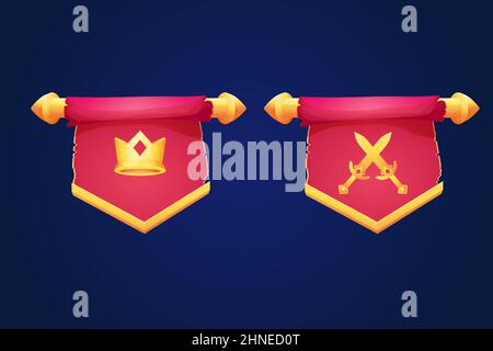 Set red hanging medieval banner flag with cloth texture and golden ...