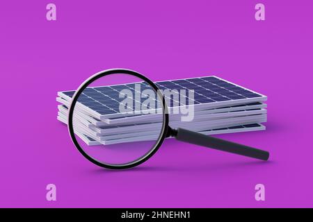 Heap of solar panels near magnifier. Research of photovoltaic elements ...