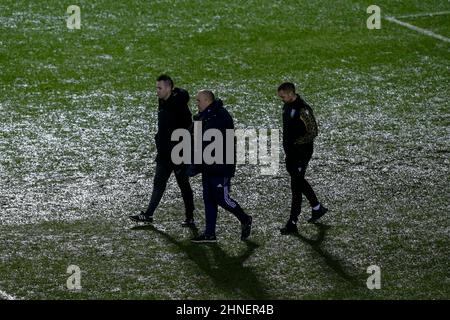 Referee Ross Joyce speaks with Accrington Stanley Manager John Coleman ...