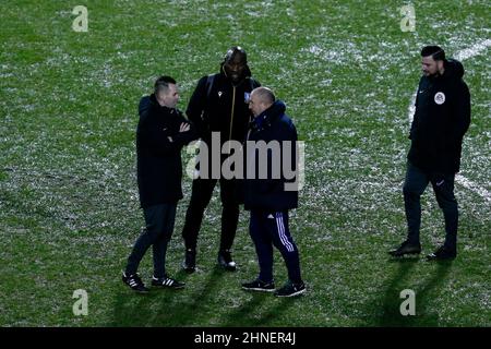 Referee Ross Joyce speaks with Accrington Stanley Manager John Coleman ...