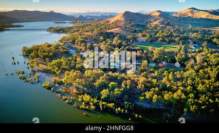 Aerial view of the Lake Eildon hydroelectric infrastructure dam and ...