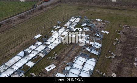 Newton Bewley, England, 11 February 2022. Aerial view of storm damage ...