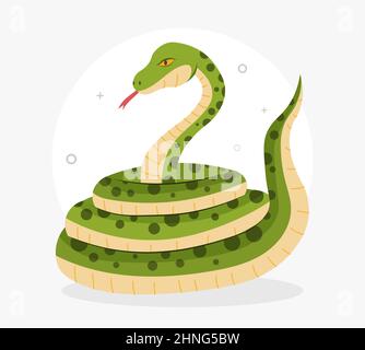 Cute boa, smiling jungle snake character hanging on a tree branch ...