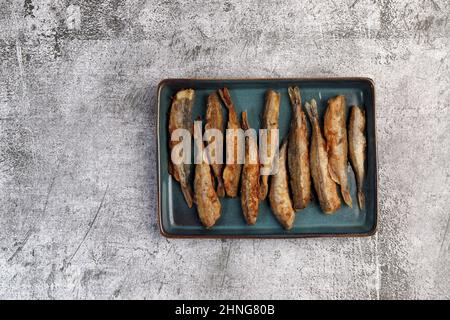 Pan fried capelin or smelt on a rectangular plate on a dark background ...